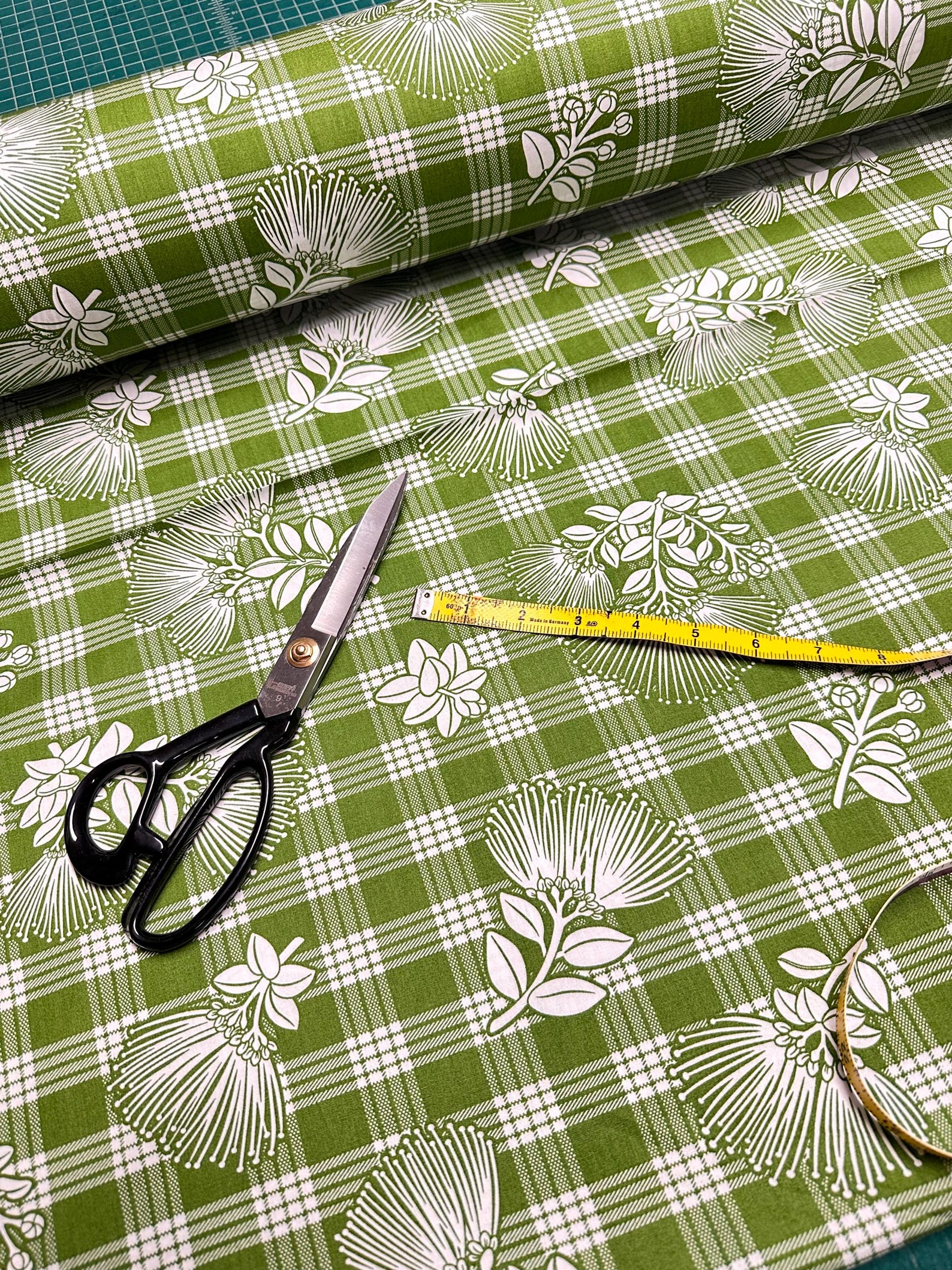 Cotton Sage Green White Printed Palaka With Lehua Flowers Liko Lehua ...