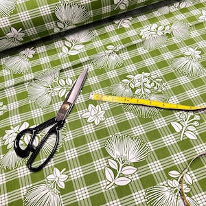 Cotton Sage Green White Printed Palaka With Lehua Flowers Liko Lehua ...