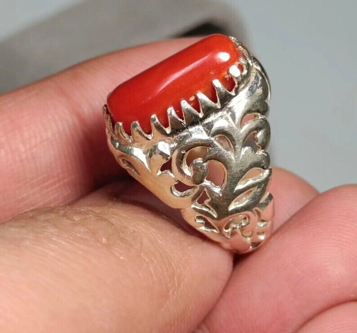 Coral Rings Red Marjan Stone Ring Handmade Sterling Silver Men's Ring ...
