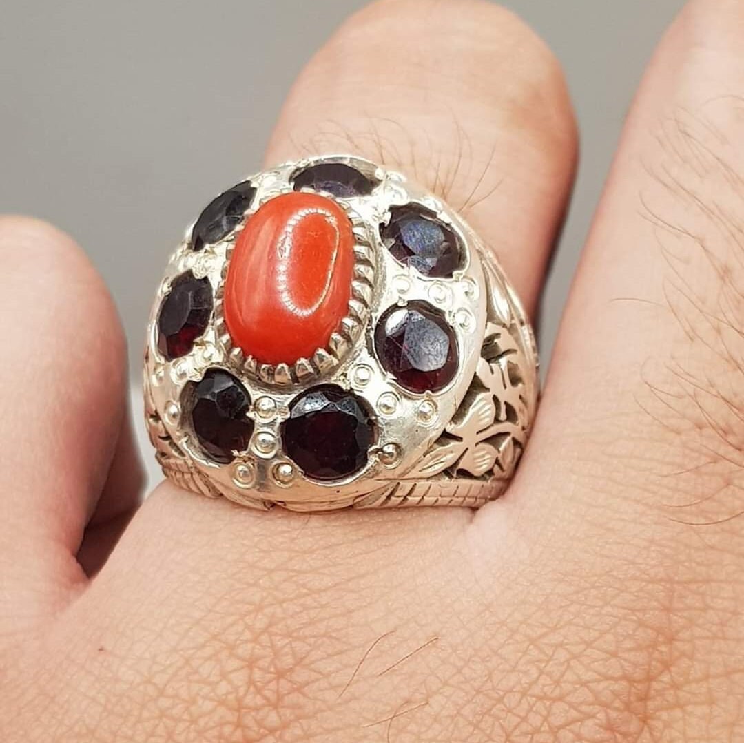 Natural Red Coral Marjan Stone Ring Handmade Sterling Silver Men's Ring ...
