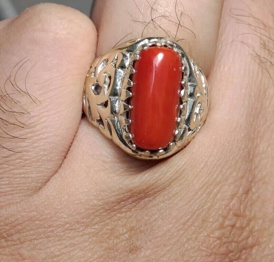 Coral Rings Red Marjan Stone Ring Handmade Sterling Silver Men's Ring ...