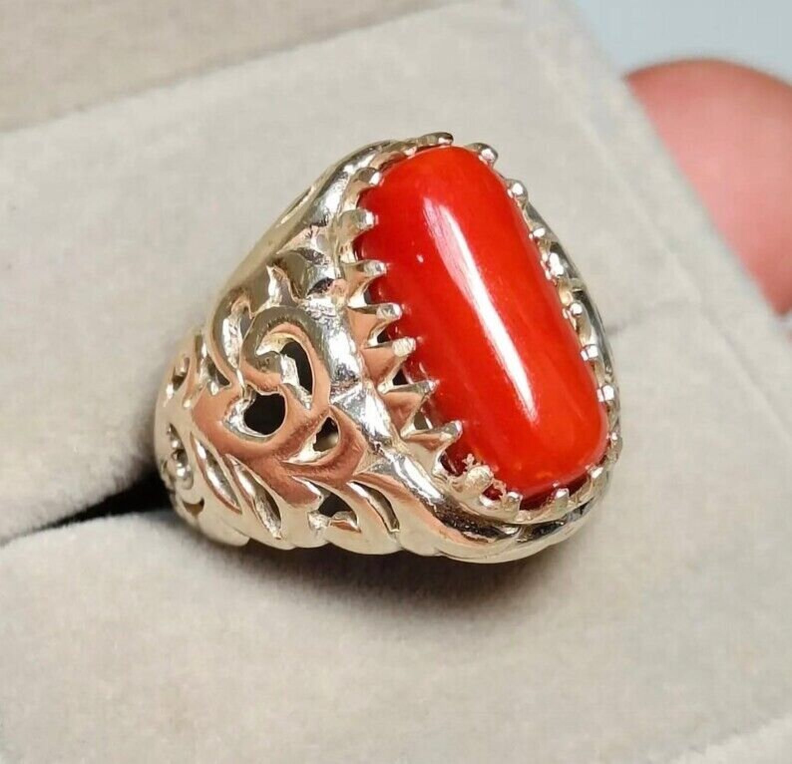 Coral Rings Red Marjan Stone Ring Handmade Sterling Silver Men's Ring ...