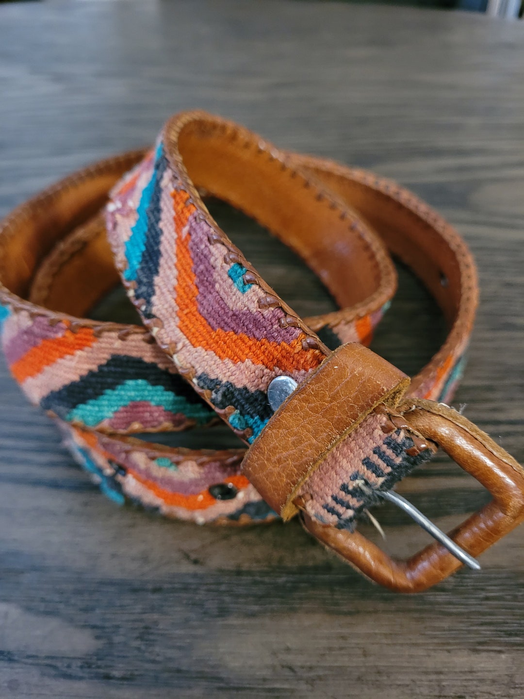 Vintage 70s Style Woven Patterned Belt With Leather 40" Length - Etsy