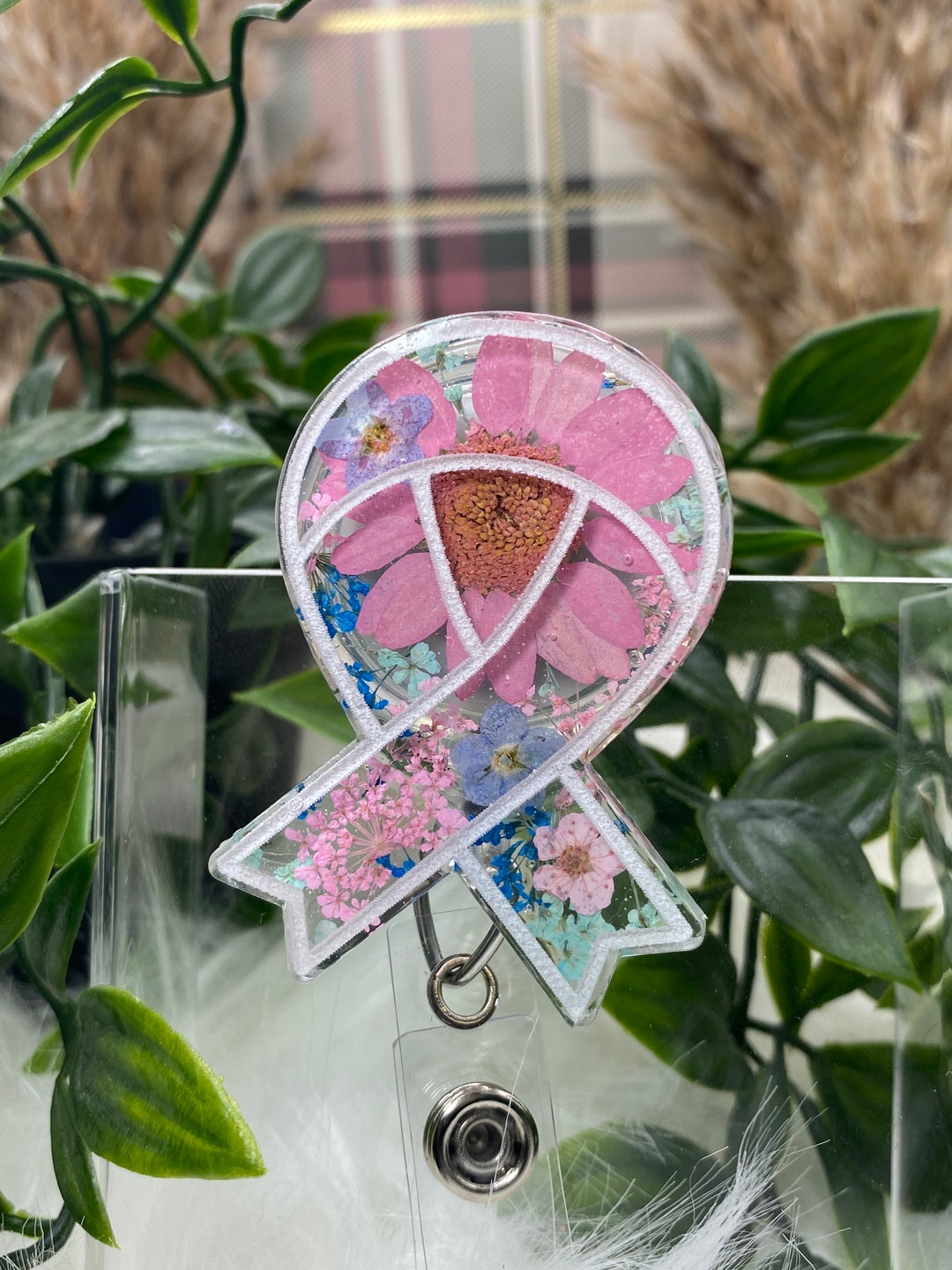 Cancer Ribbon Badge Retractable Nursing Badge Reel Pressed Floral ...