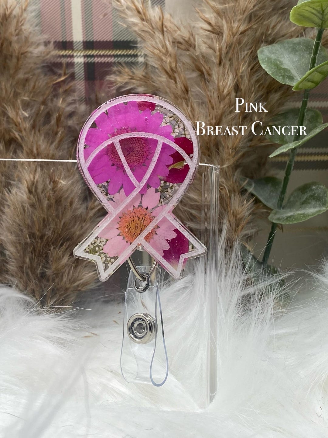 Cancer Ribbon Badge | Retractable Nursing Badge Reel | Pressed Floral ...