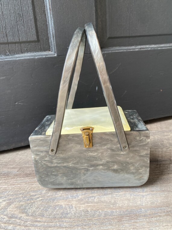 1950s Pearl Grey Lucite Box Purse | Vintage 50s Marbl… - Gem