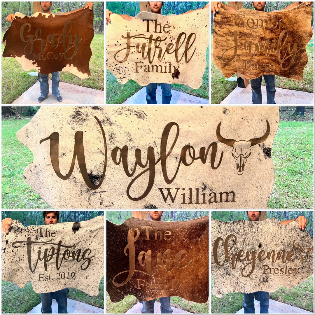 Engraved Cowhide: Personalized Family Name Sign, Nursery Decor, Wedding ...