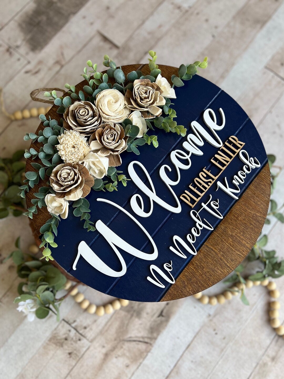 Welcome Front Door Sign: 3D Wood Round With Floral Accents - Etsy