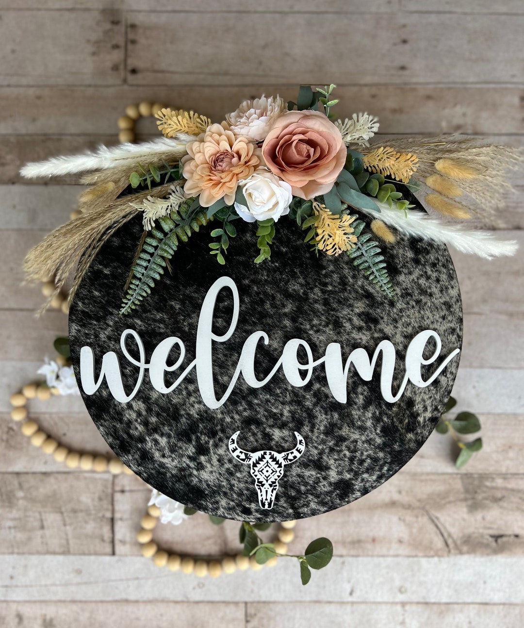 Cowhide Front Door Wreath Welcome Sign Country Front Door Sign Welcome ...