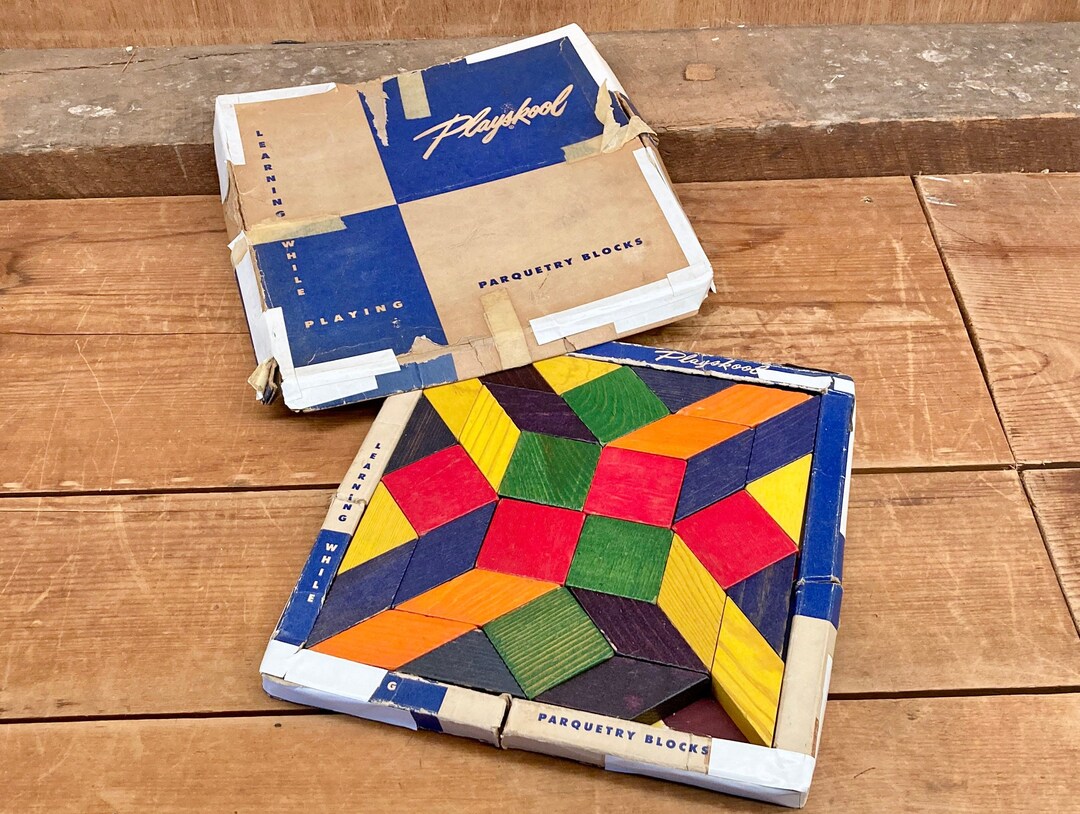 Vintage Set of 1950s Wooden Parquetry Blocks by Playskool Original Box ...
