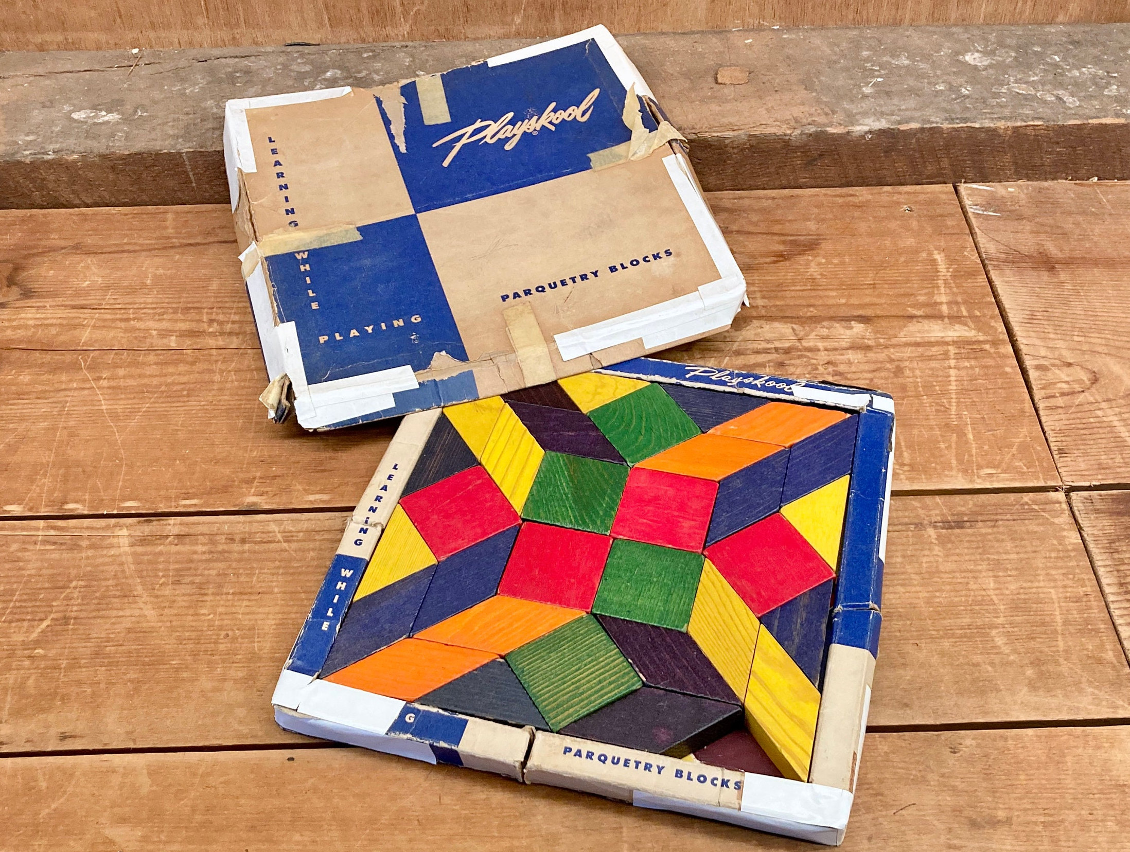Vintage Set of 1950s Wooden Parquetry Blocks by Playskool Original Box ...