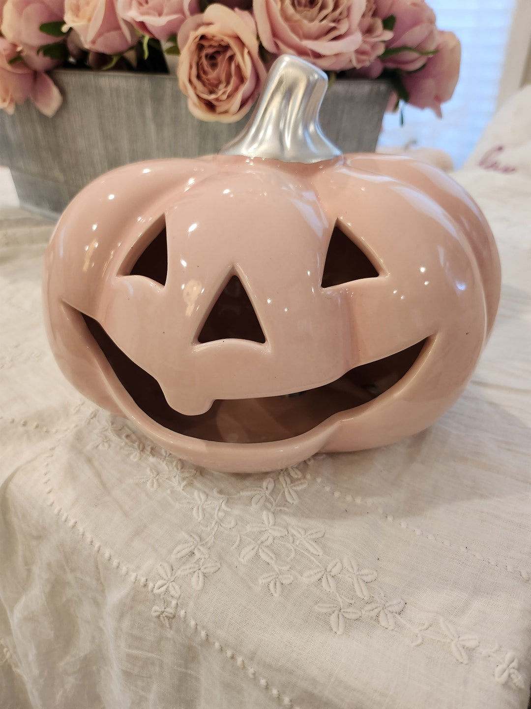 Pink Ceramic Lighted Halloween Pumpkin Holiday Fall Party Shabby ...