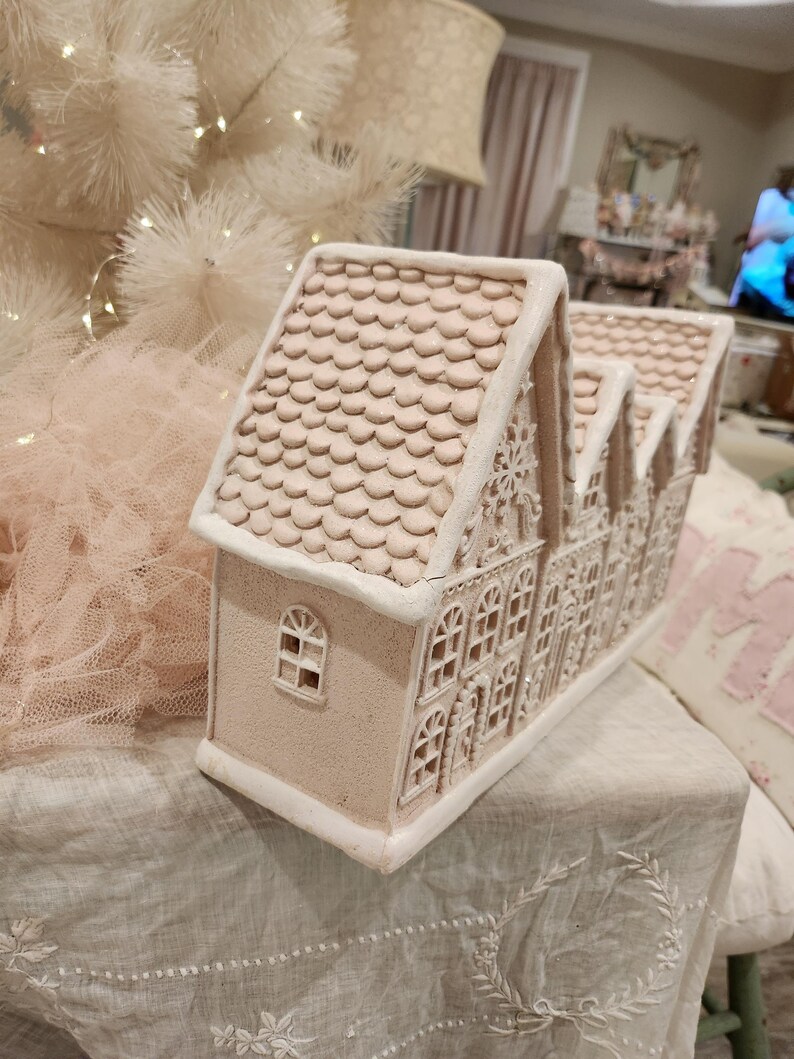 Pastel Pink Lighted Gingerbread Attached Houses Lighted Shabby Candy ...