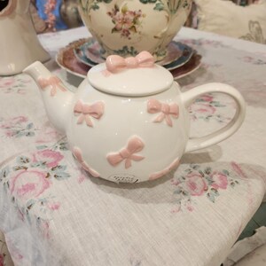 New Pink and White Teapot Ceramic Bows Party Gift Holiday Shabby - Etsy