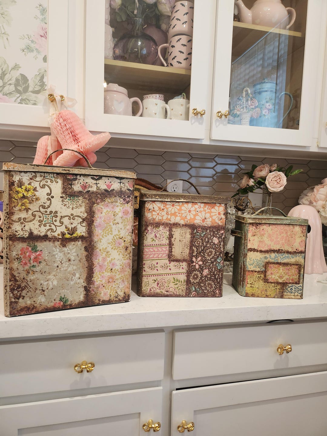 Set of Three Nesting Cans Rachel Ashwell Shabby Chic Pink Floral Roses ...