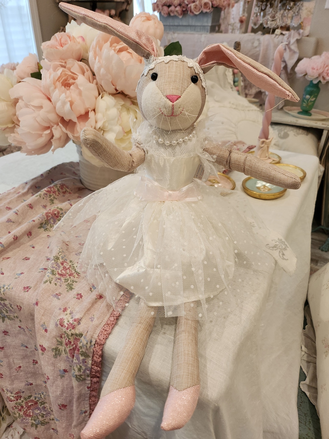 Bunny Shelf Sitter Antique White Pink Tulle Lace Ribbon Holiday Easter ...