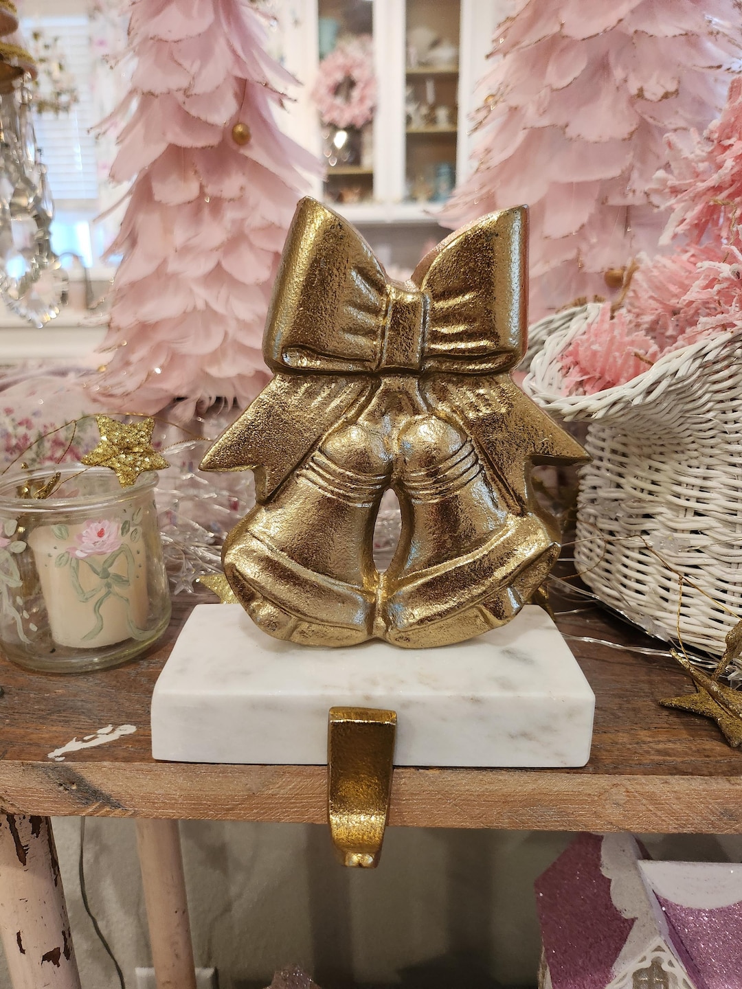 New Set Two Marble Heavy Bows Bells Stocking Holders Christmas Holiday ...