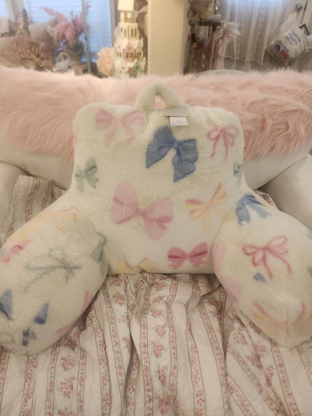 New Shabby Chic Pink Bows Back Rest Pillow Soft Fluffy Cozy Rachel ...