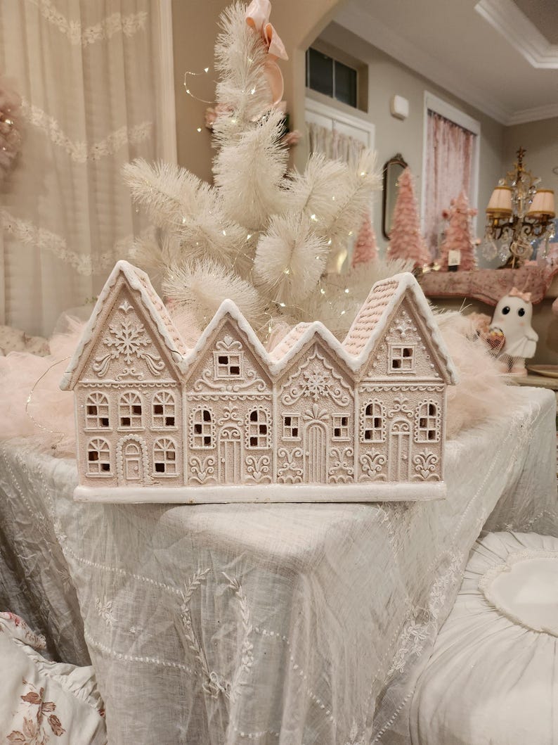 Pastel Pink Lighted Gingerbread Attached Houses Lighted Shabby Candy ...