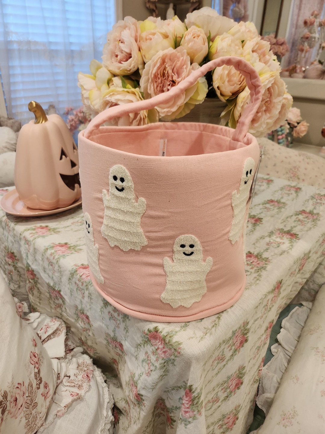 Large Pastel Pink Halloween Trick or Treat Bucket Ghost Shabby Holiday ...