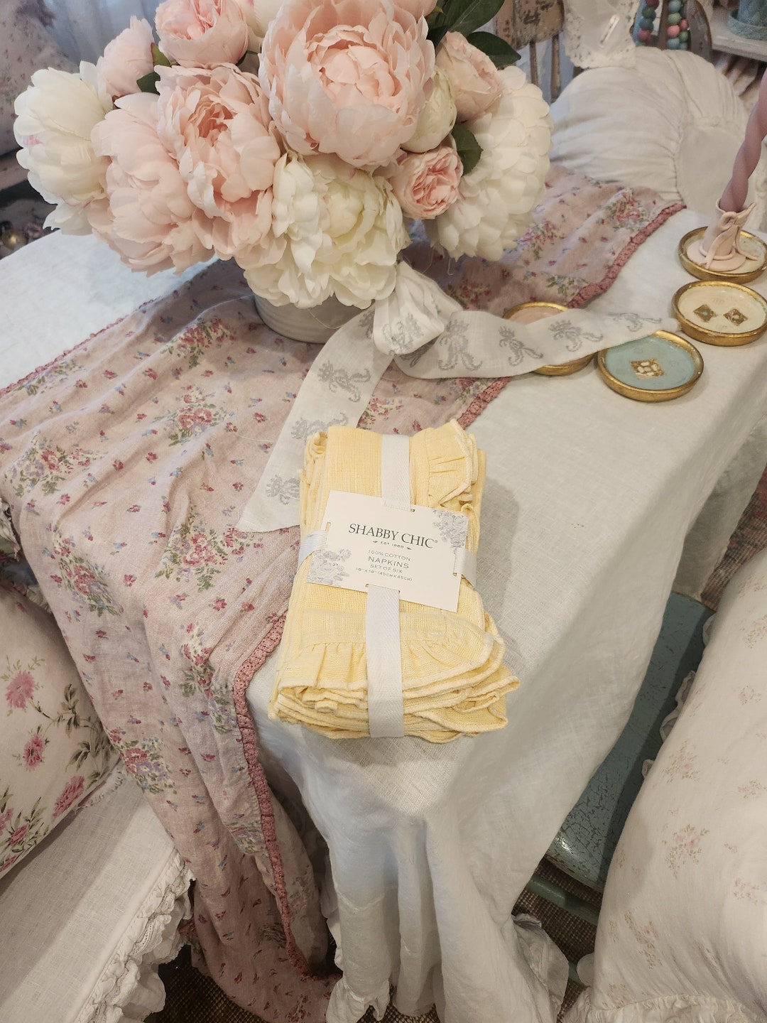 New Yellow Shabby Chic Six Fabric Usable Napkins Rachel Ashwell ...