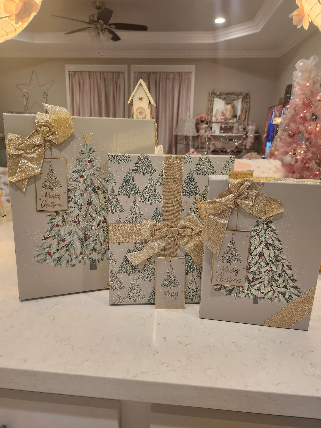 Set of Three Rachel Ashwell Gift Boxes Green Ribbon Christmas Tree Tag ...