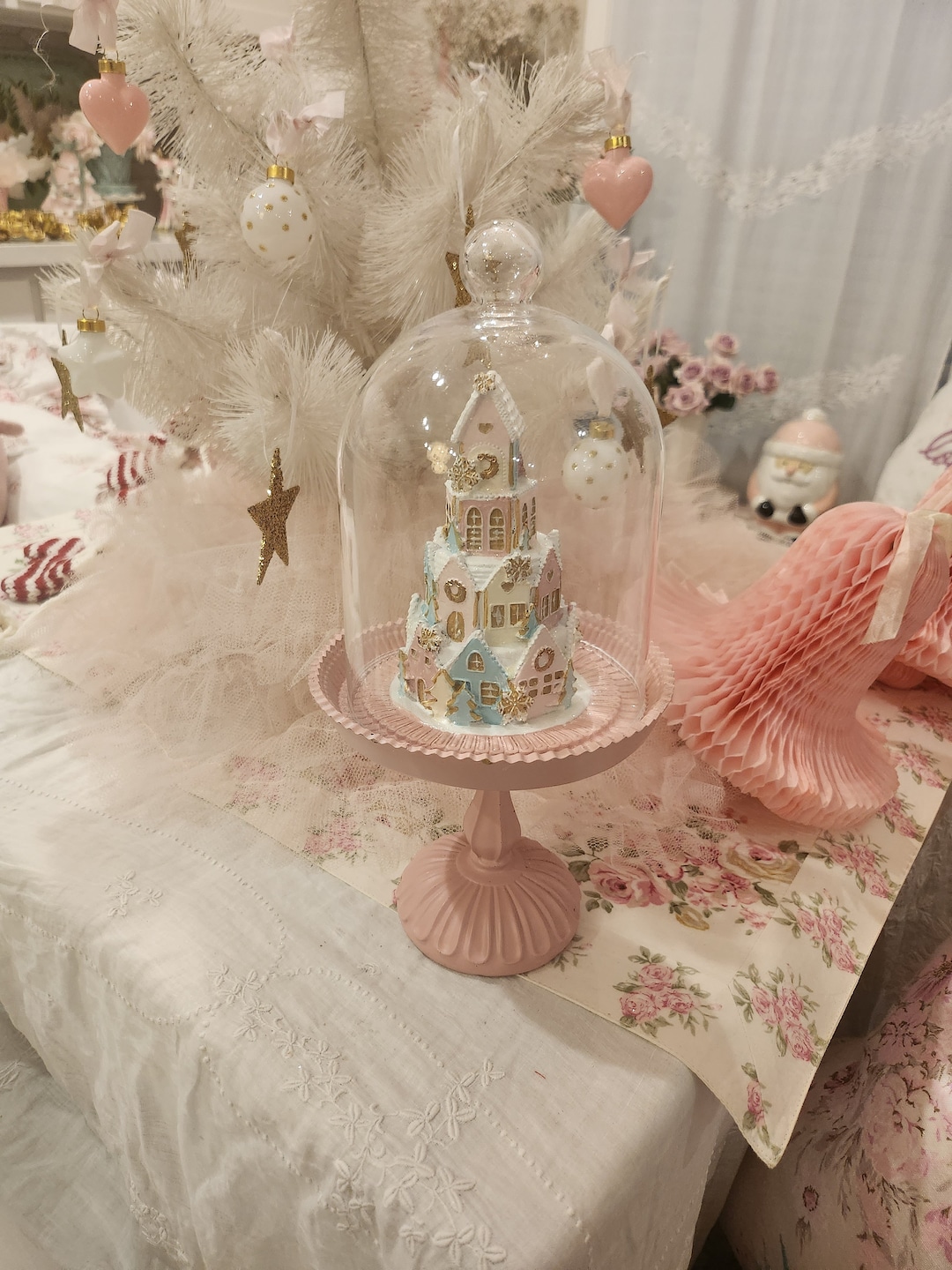 Pastel Pink Glass Cloche Gingerbread House on Stand Christmas Holiday ...