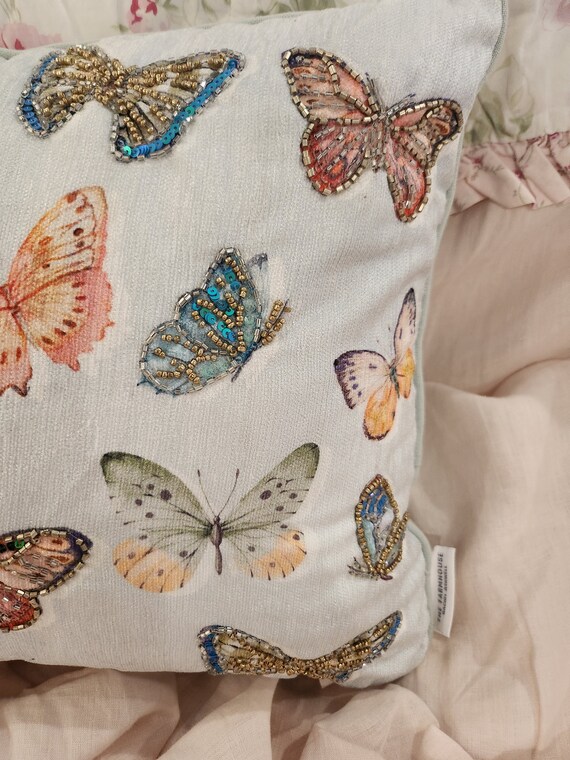 New Light Blue Shabby Chic Pillow With Beaded Butterflies Rachel Ashwell Farmhouse Cottage Chic Pink Purple Green Spring Summer Etsy Israel