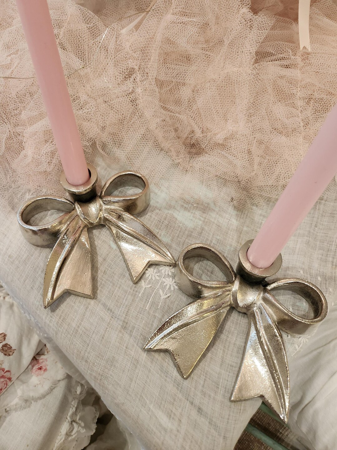 New Set Two Silver Metal Bow Candleholders Bow Holiday Christmas ...