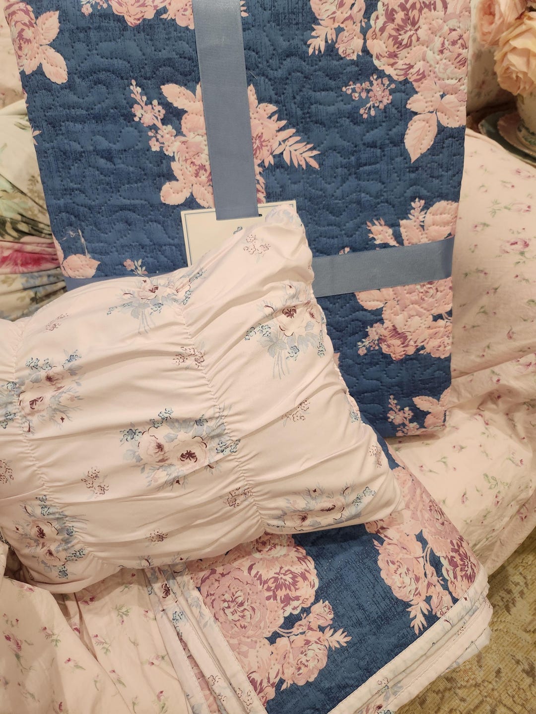 New King Shabby Chic Blue Pink Roses Quilt Set Two Shams Throw Pillow ...