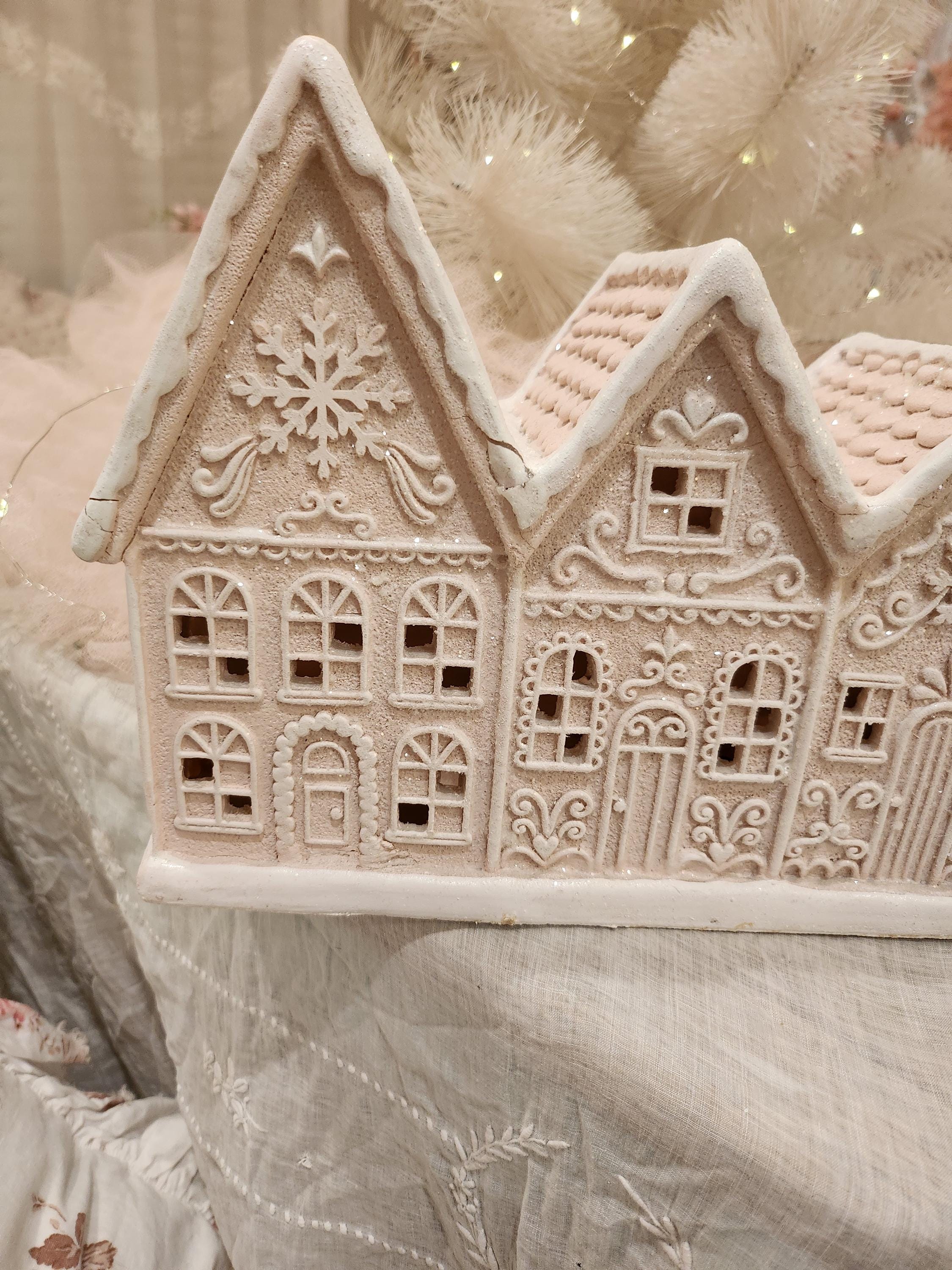 Pastel Pink Lighted Gingerbread Attached Houses Lighted Shabby Candy ...