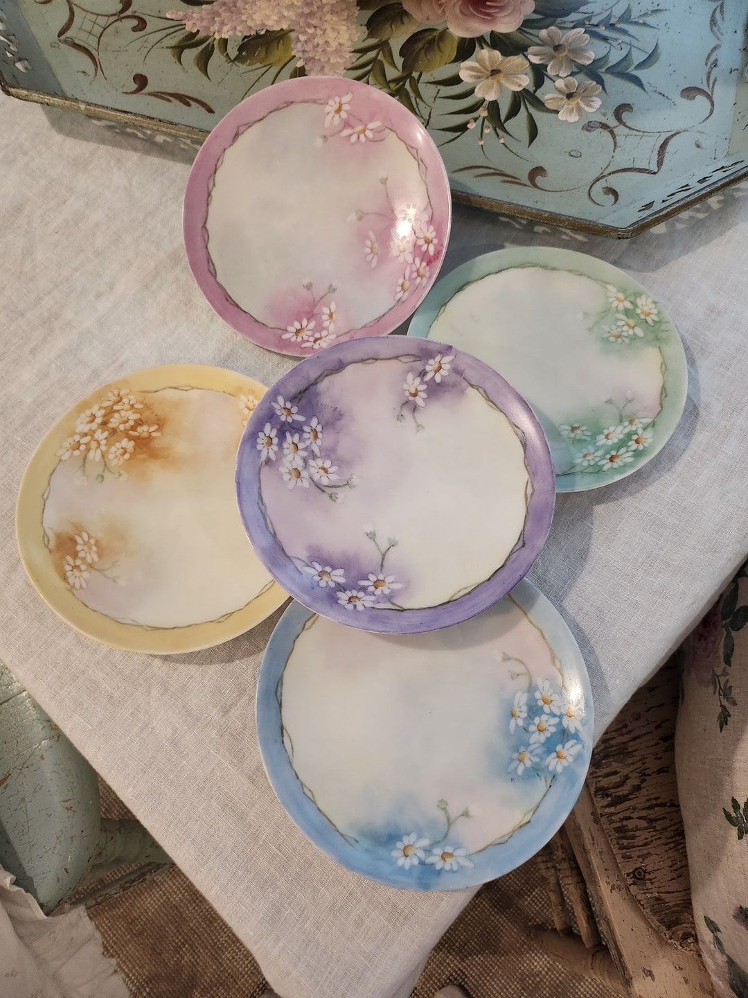 Small Vintage Set Handpainted Plates Porcelain Floral Daisies Shabby ...