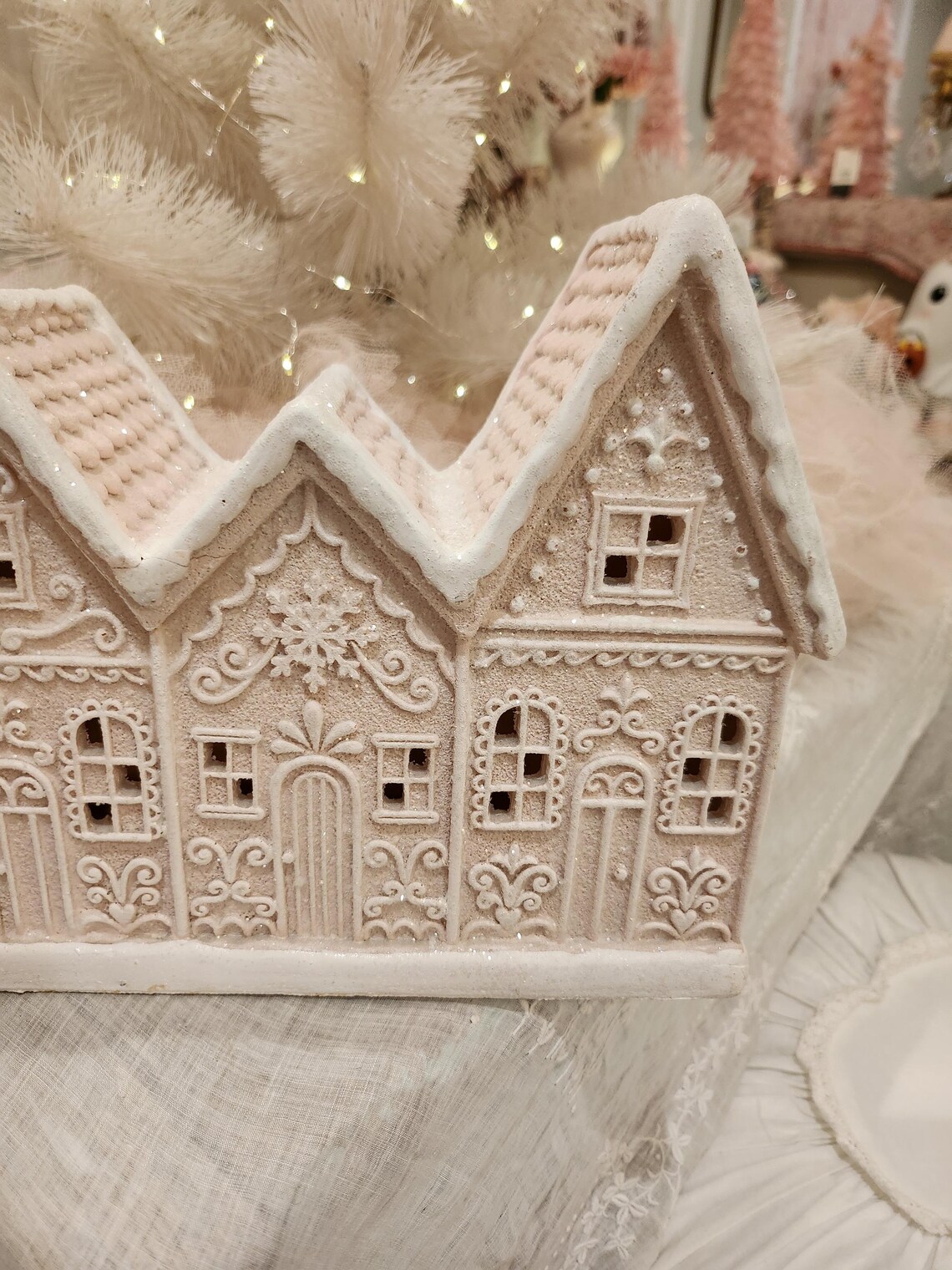 Pastel Pink Lighted Gingerbread Attached Houses Lighted Shabby Candy ...