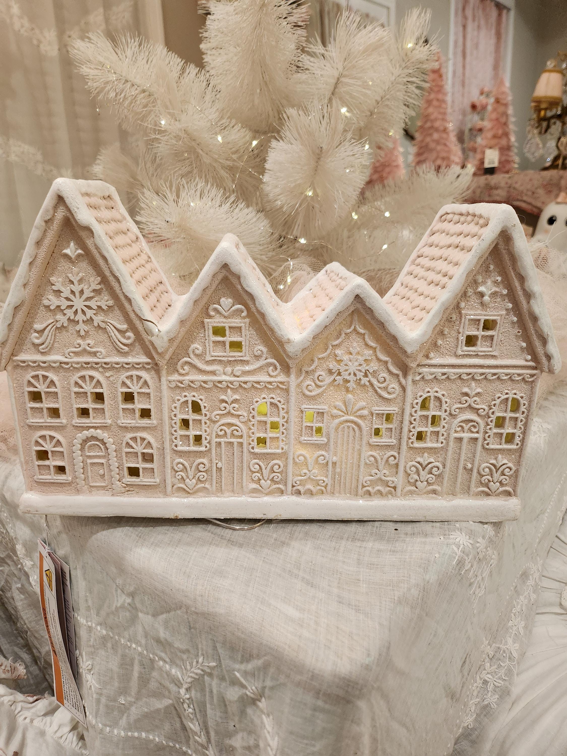 Pastel Pink Lighted Gingerbread Attached Houses Lighted Shabby Candy ...