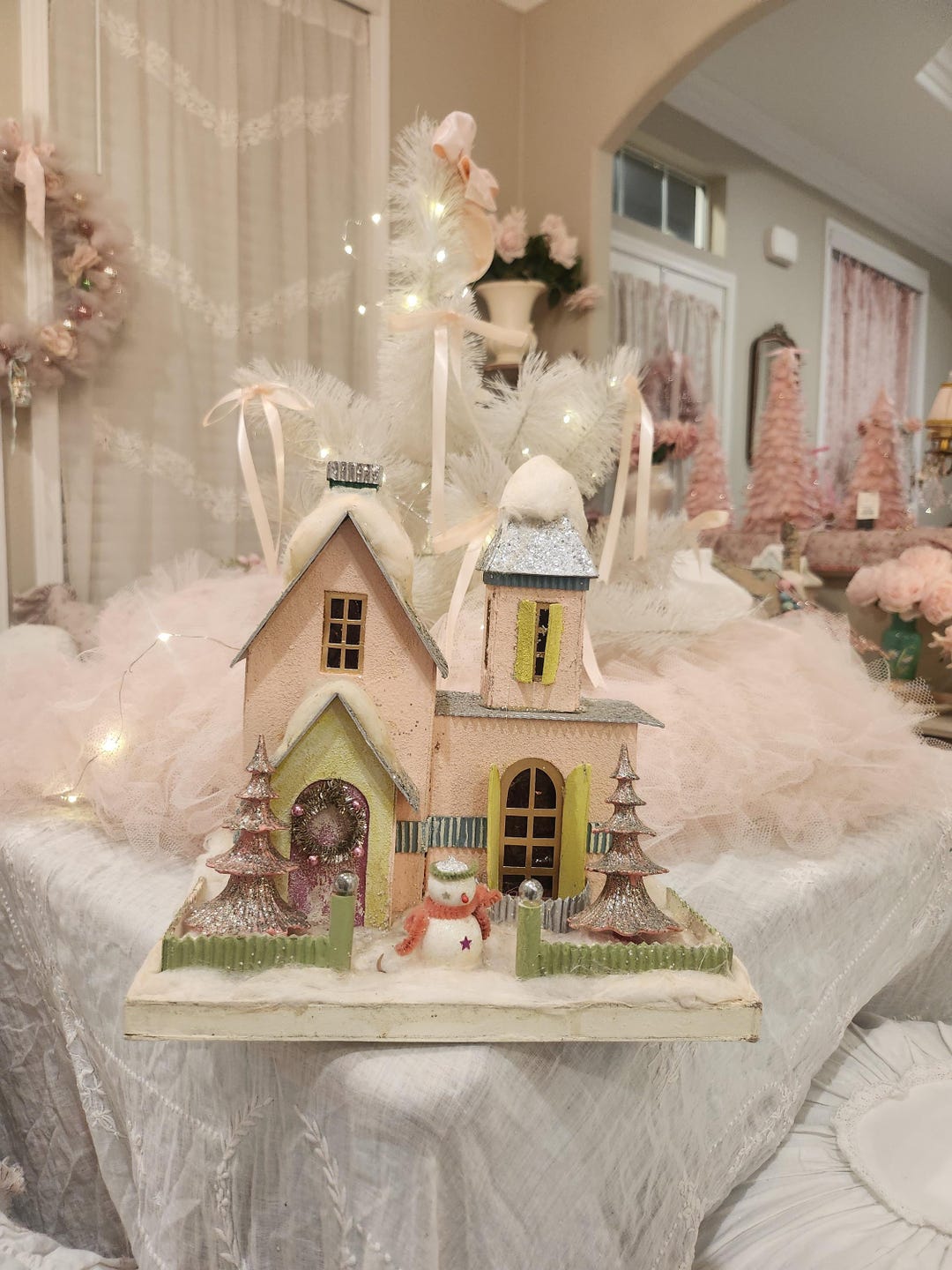 Vintage Pink Putz Cardboard House Christmas Tree Glitter Tree Snowman ...