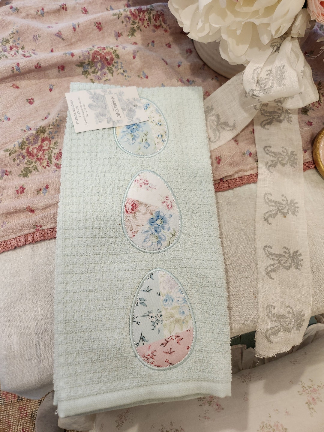 New Shabby Chic Teal Floral Pink Set Dish Tea Towels Rachel Ashwell ...