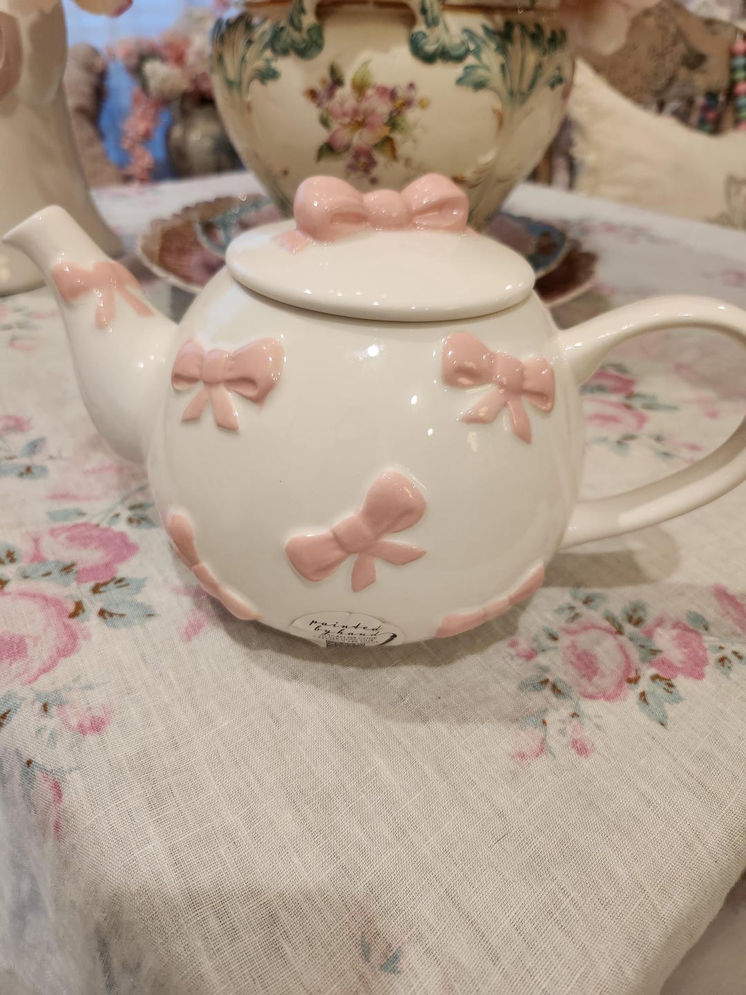 New Pink and White Teapot Ceramic Bows Party Gift Holiday Shabby - Etsy