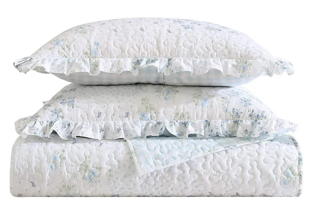 New Queen Shabby Chic Blue Floral Reversible Lightweight Quilt Rachel ...