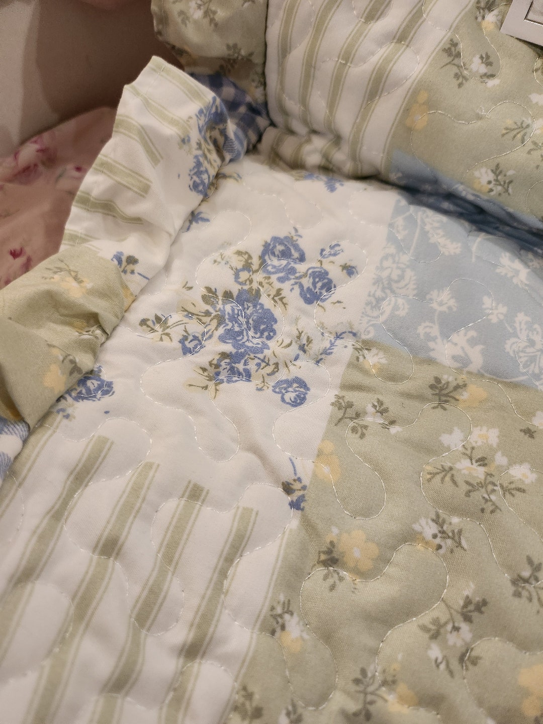 New Queen Shabby Chic Patchwork Quilt Ruffle Blue Green Floral Flowers ...