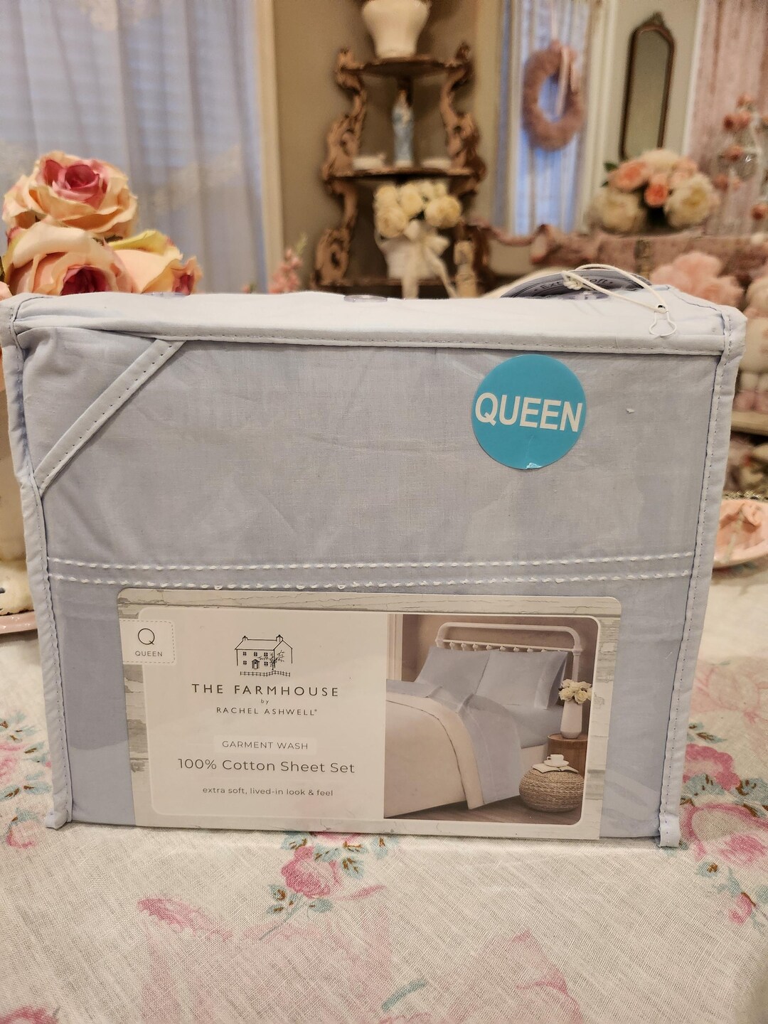 New Blue White Stitching Queen Rachel Ashwell Sheet Set Two Pillowcases ...