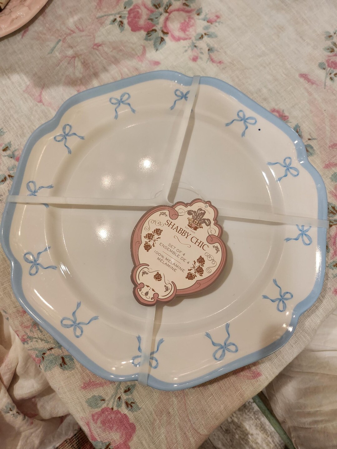 New Set Four Shabby Chic Melamine Dinner Plates Blue Bows Rachel ...