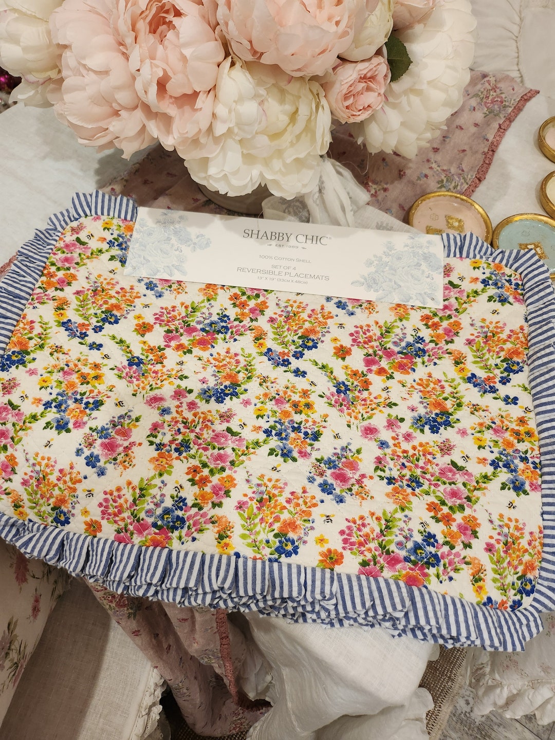 New Shabby Chic Set of Four Multicolor Placemats Floral Stripped Rachel ...
