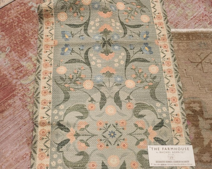 New Rachel Ashwell Runner Green Pink Salmon Flowers Floral Shabby Chic ...