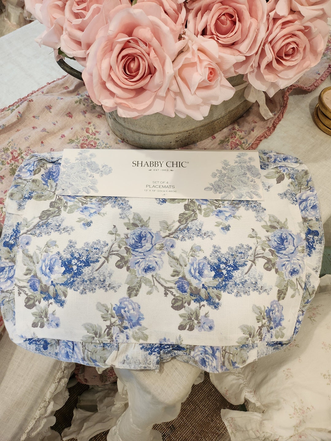 New Set of Four Shabby Chic Blue Floral Roses Flowers Placemats Kitchen ...