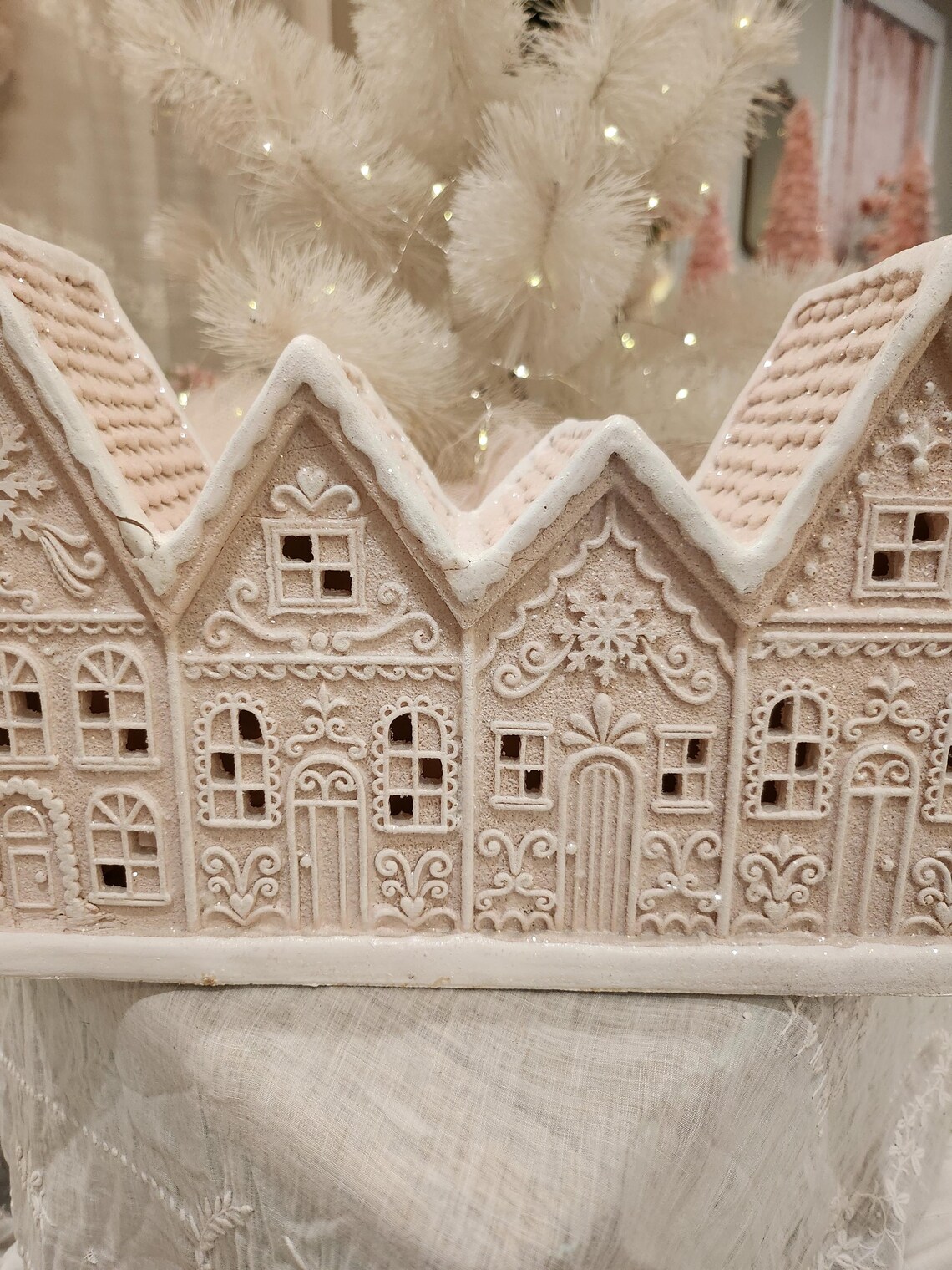 Pastel Pink Lighted Gingerbread Attached Houses Lighted Shabby Candy ...