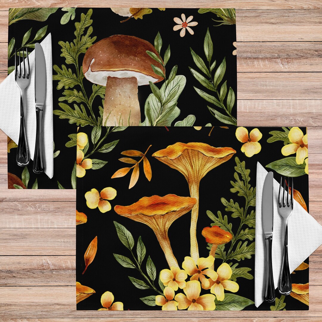Fall Fungi Orange Mushroom Placemats set of 4 Dark Cottagecore Unique ...