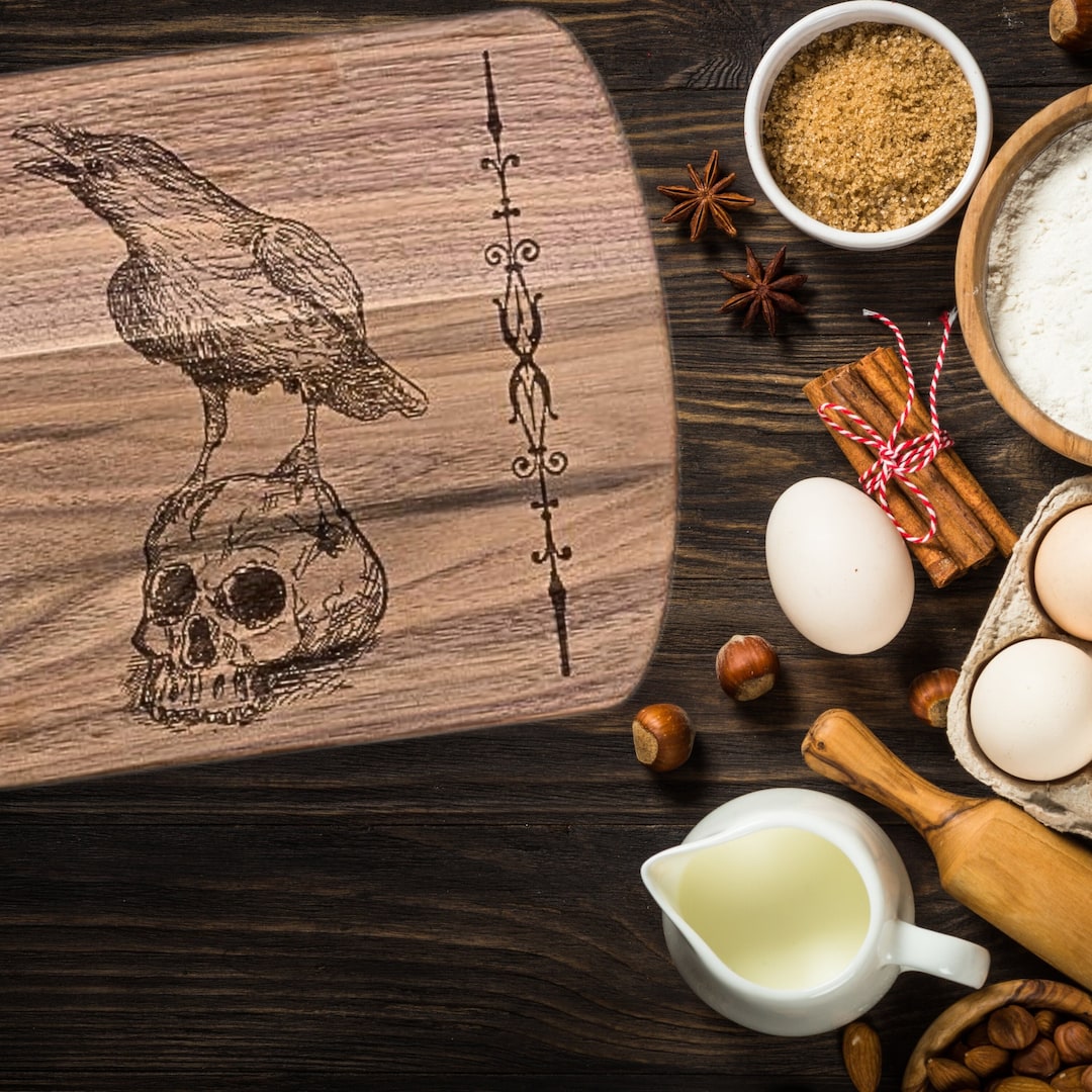Raven & Skull Cutting Board Small/large Maple/walnut Goth Witchy ...