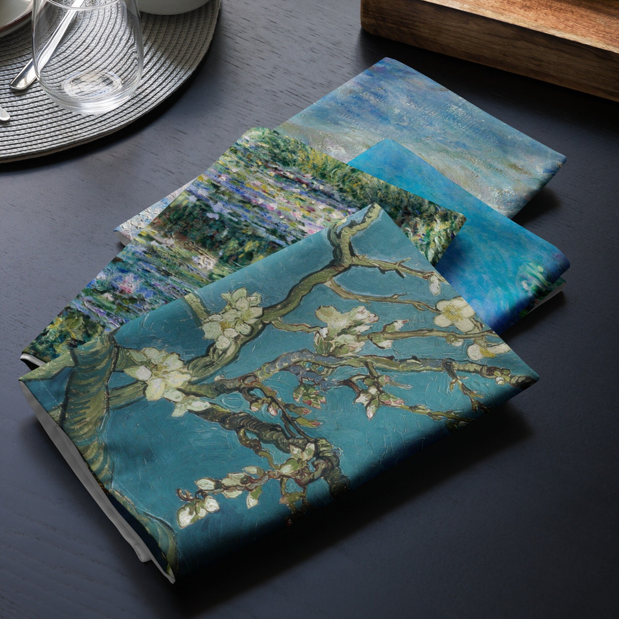 Impressionist Blues - Cloth Napkin (set of 4) Renoir, Monet, Van Gogh ...