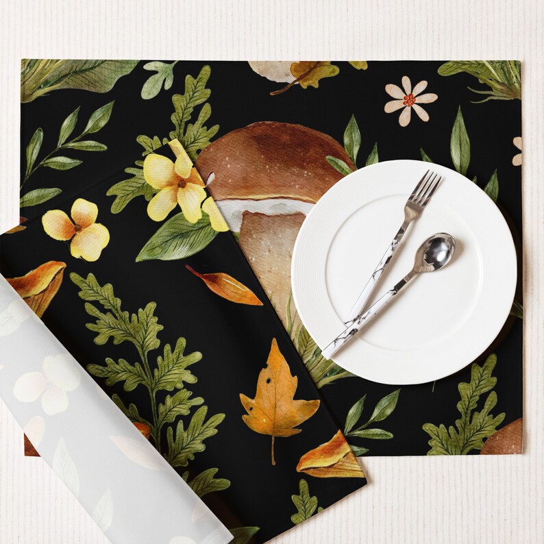 Fall Fungi Orange Mushroom Placemats set of 4 Dark Cottagecore Unique ...