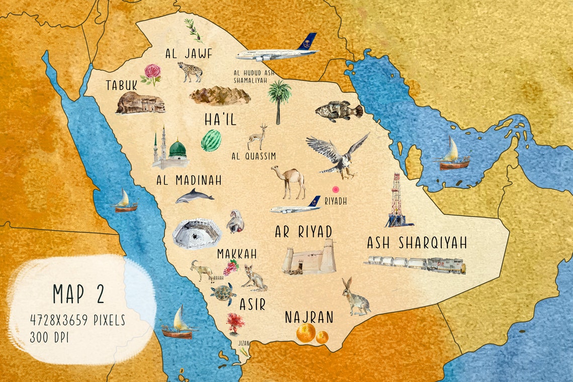 Watercolor Saudi Arabia Tourist Map - Etsy Australia